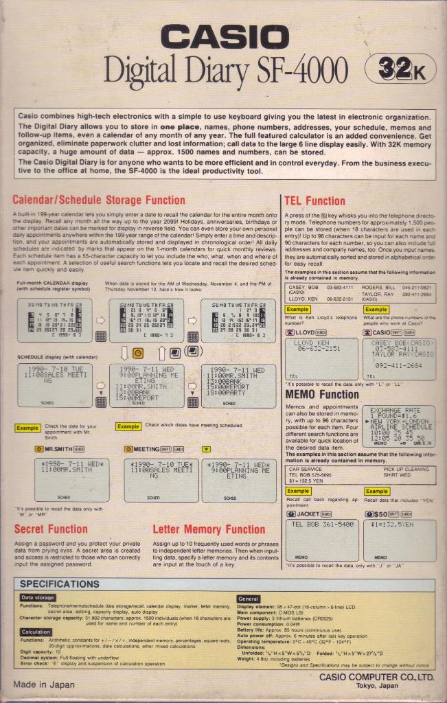Casio - SF-4000 - - Agenda électronique - Casio SF4000 - Casio.ledudu ...